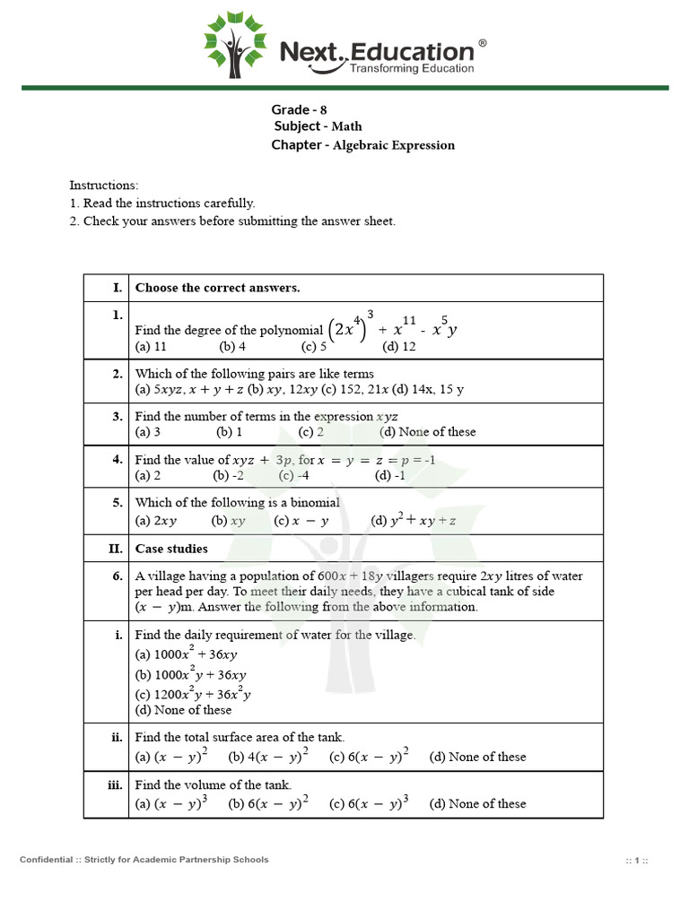 Grade-8 - Math - CH - Algebraic Expressions Worksheet (1) - 1 | PDF ...