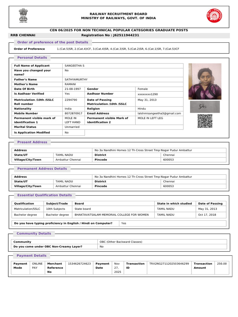 Order of Preference of The Post Details: Railway Recruitment Board ...