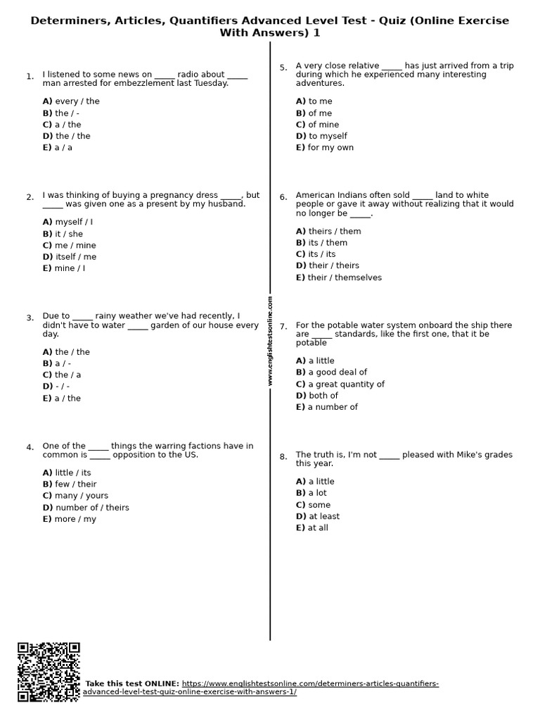 357 Determiners Articles Quantifiers Advanced Level Test Quiz Online ...