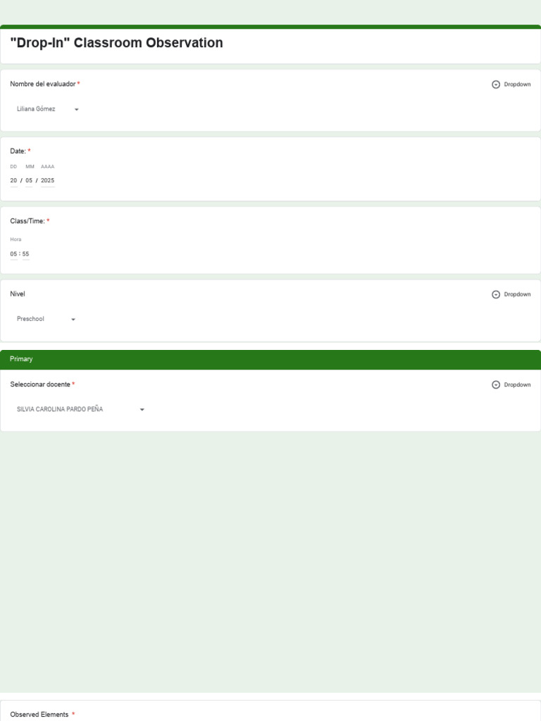 Drop-In - Classroom Observation - Formularios de Google | PDF