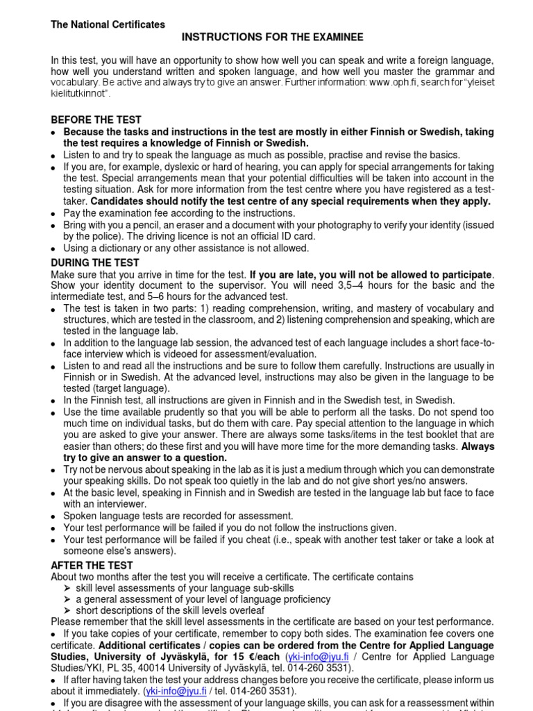 YKI Test Instructions and Certificate Info | PDF | Test (Assessment ...