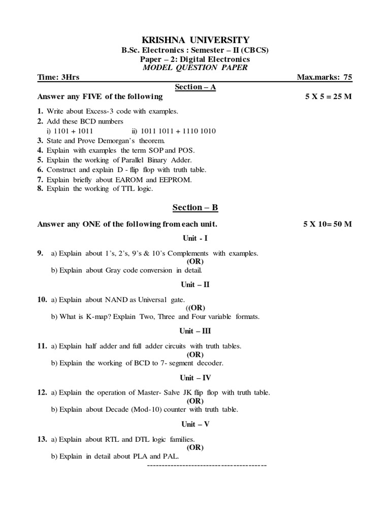 I BSC Electronics Semester 2 Digital Electronics Model Paper 23-03-2021 ...