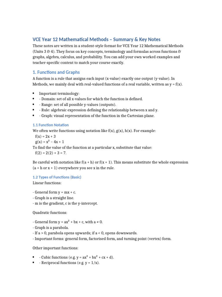 VCE Year 12 Math Methods Summary | PDF | Function (Mathematics ...