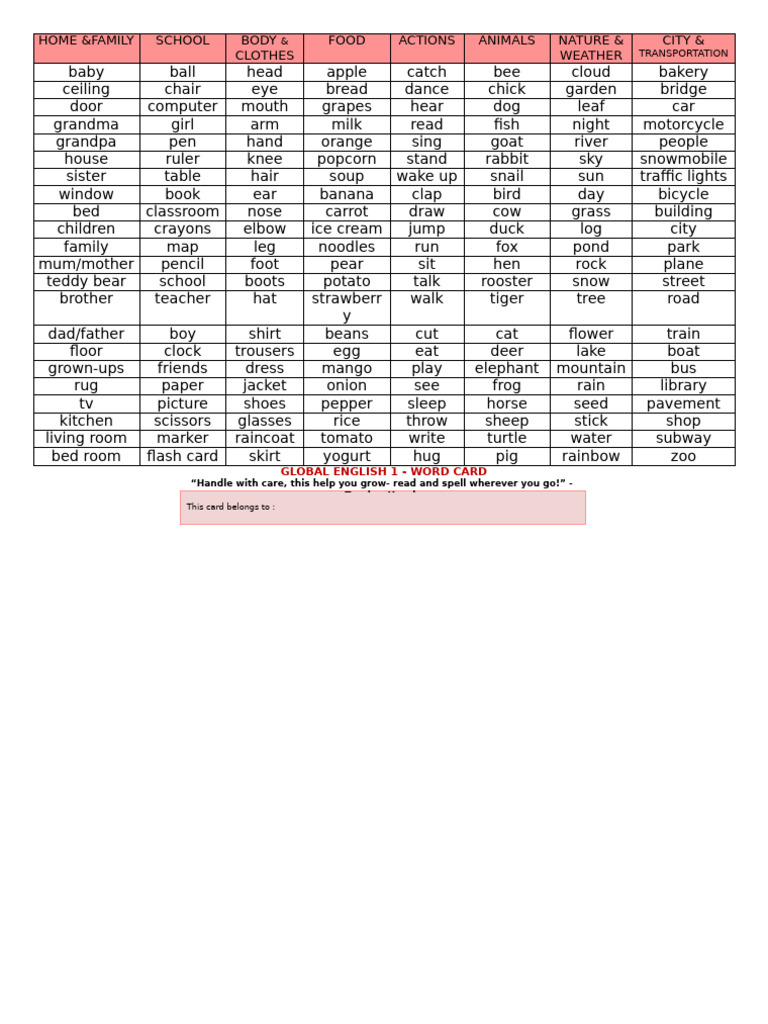 Grade 1 - Word Card GE | PDF