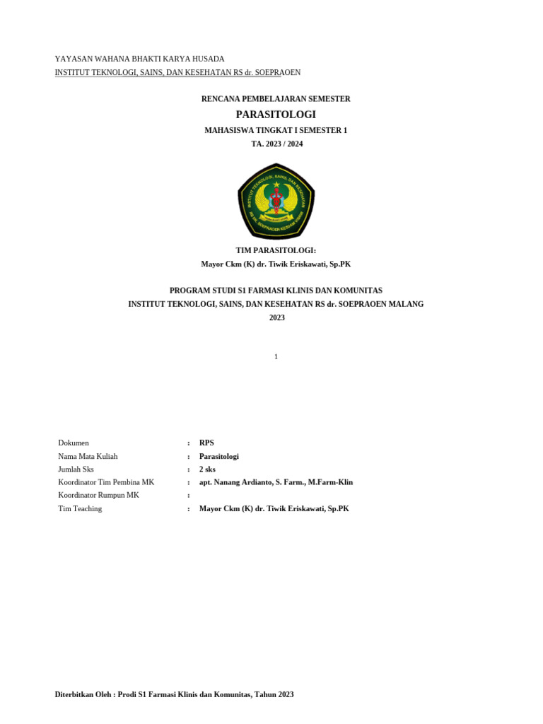 Rencana Pembelajaran Parasitologi 2023 | PDF