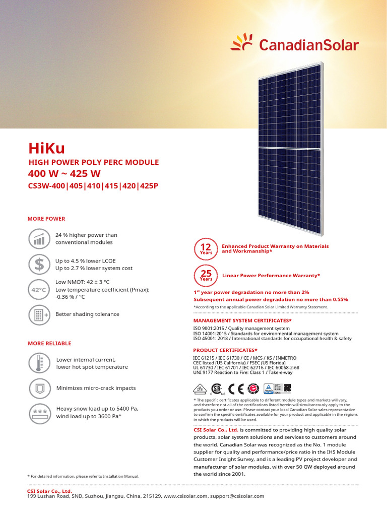 Canadian 400-425 Poly HiKu CS3W | PDF | Solar Panel | Electrical ...