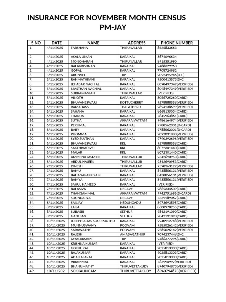 Insurance for November Month Census | PDF