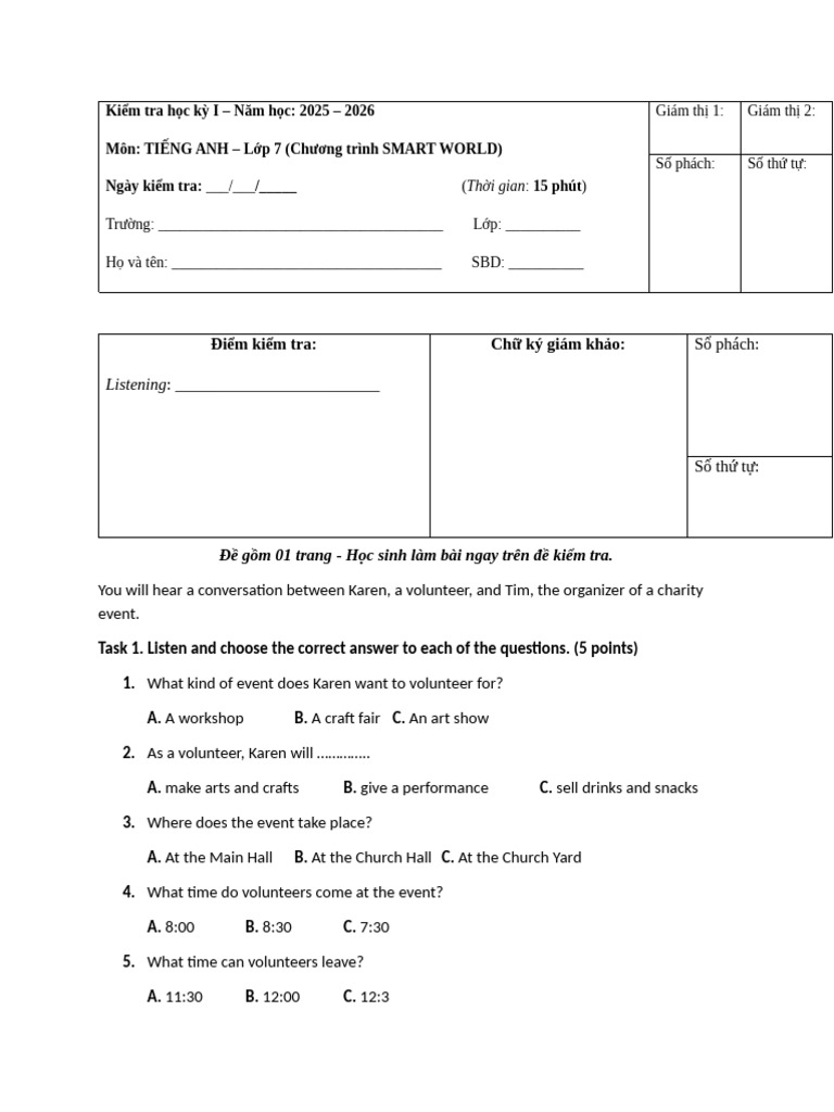 Listening Test Grade 7 Smart World | PDF
