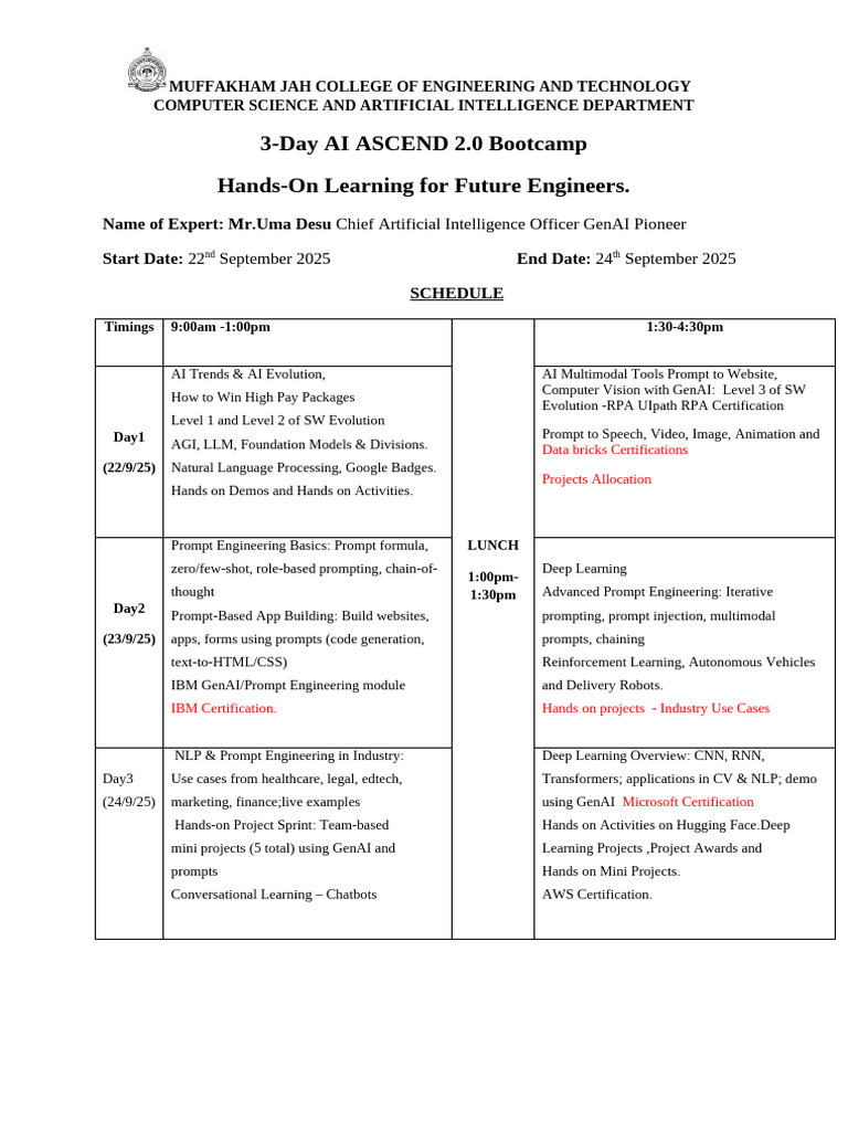 AI Ascend 2 Bootcamp Schedule | PDF | Artificial Intelligence ...