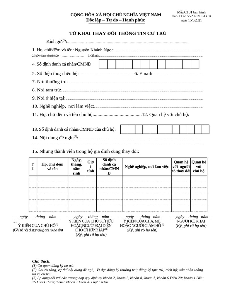 CT01 T Khai Thay Đ I Thông Tin Cư Trú | PDF
