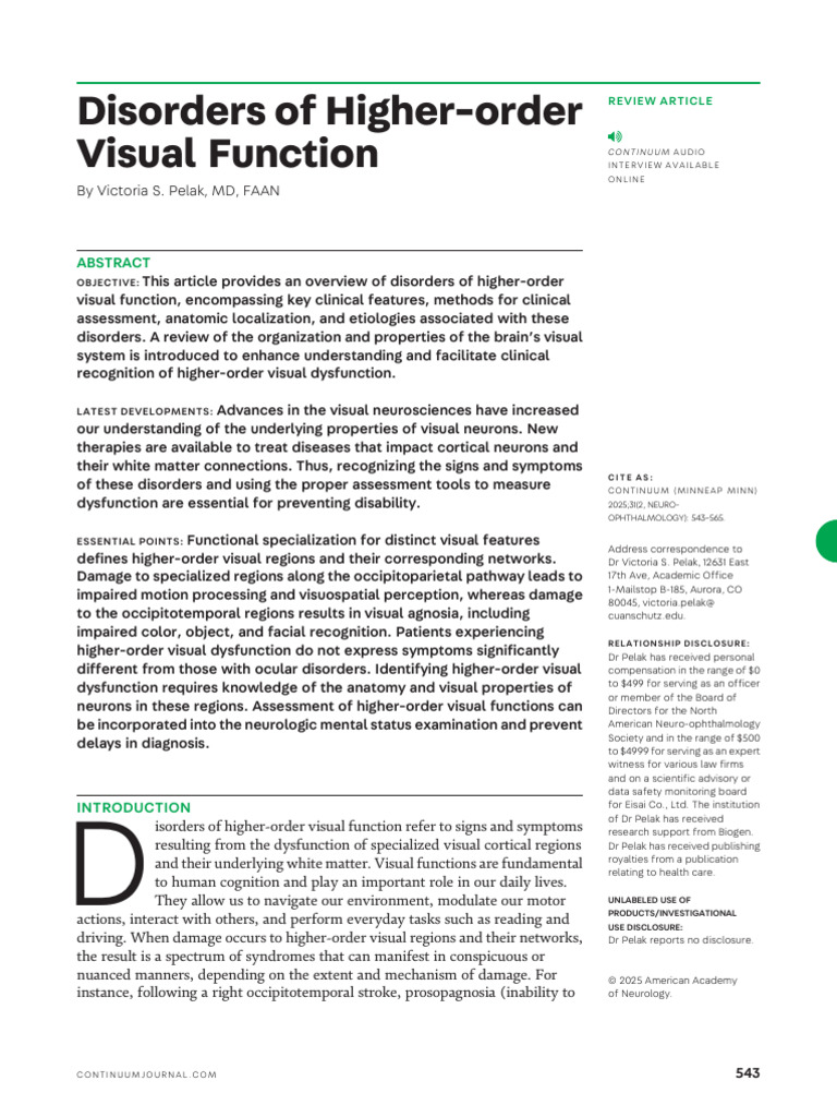 Disorders of Higher Order Visual Function | PDF | Visual Cortex | Retina