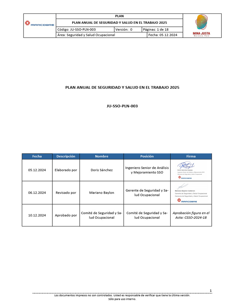 JU-SSO-PLN-003 Plan Anual SSO 2025 Firmado | PDF | Seguridad y salud ...