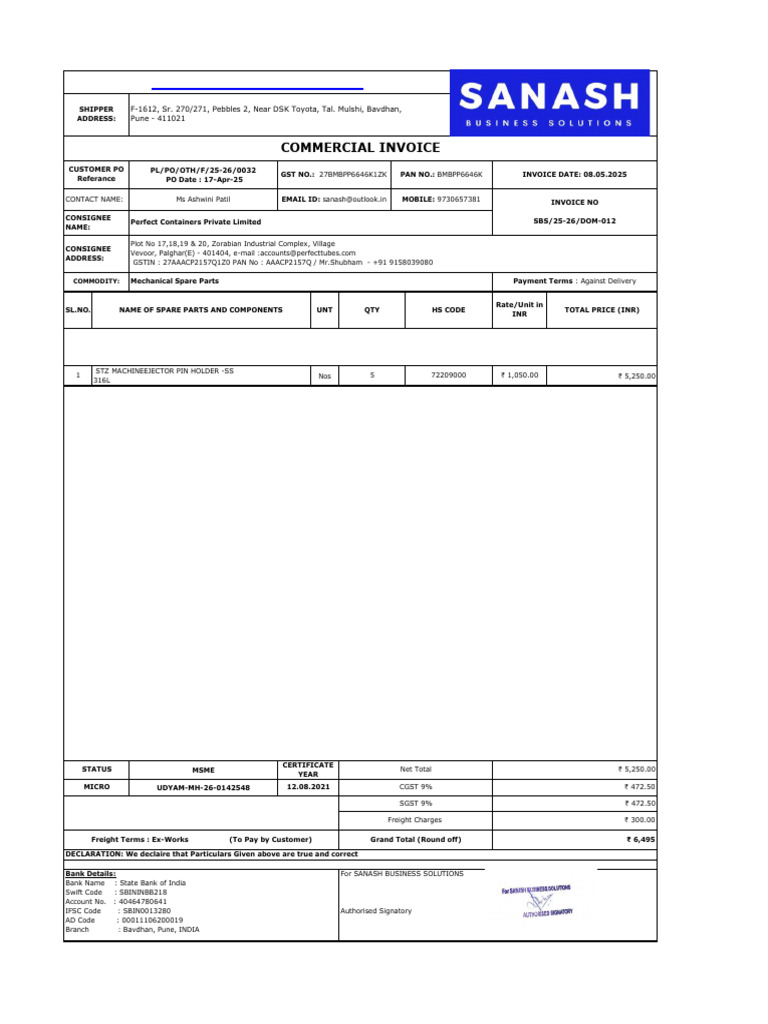 Commercial Invoice for Spare Parts | PDF | Payments | Economy Of India