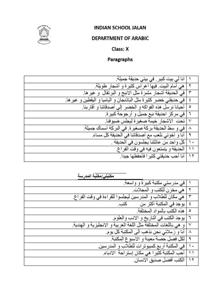 Class X Arabic Paragraphs Notes 2018-19 | PDF