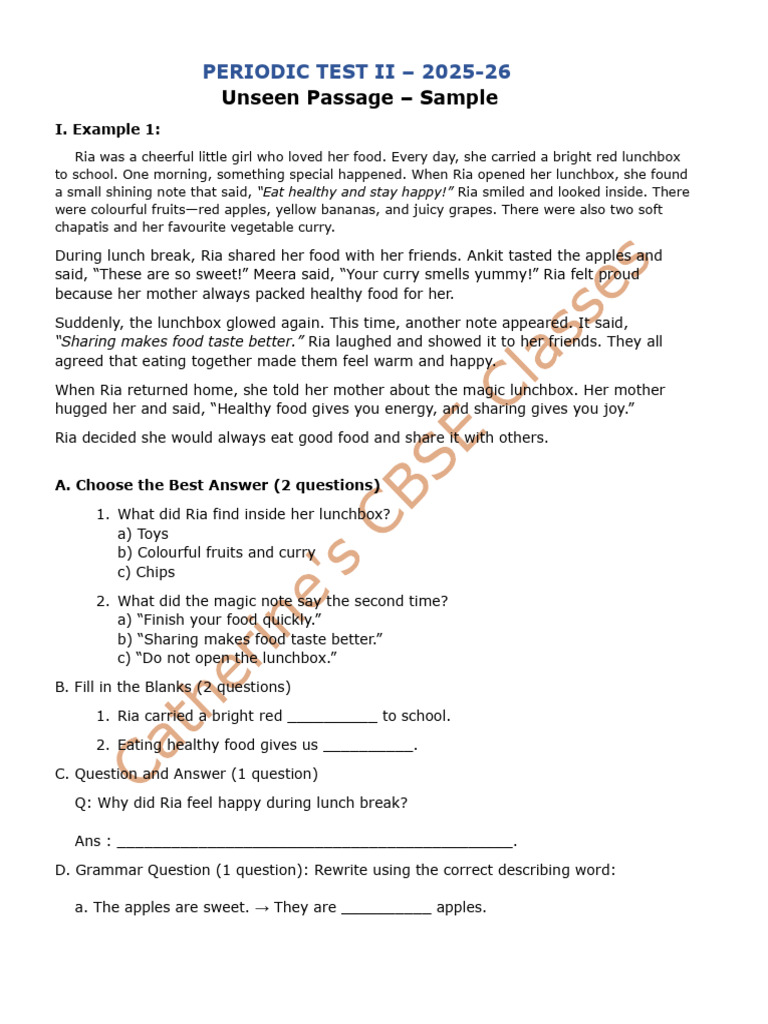 Sample Unseen Passage Test 2025-26 | PDF | Foods