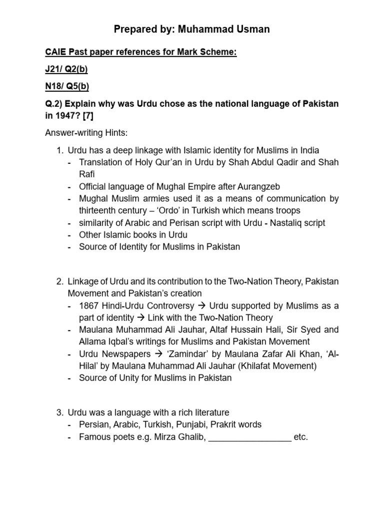 7 Marks Question by Muhammad Usman - CHP 5 Languages P1 History | PDF