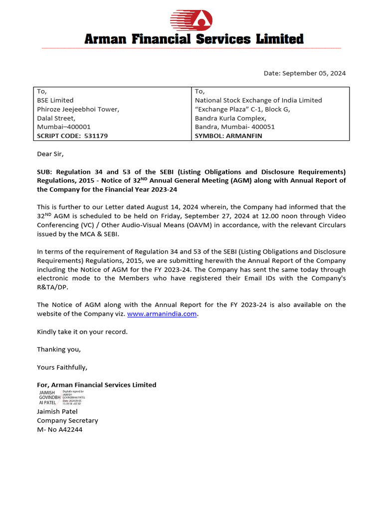 Arman Financial Services AGM Notice 2024 | PDF | Microfinance | Loans