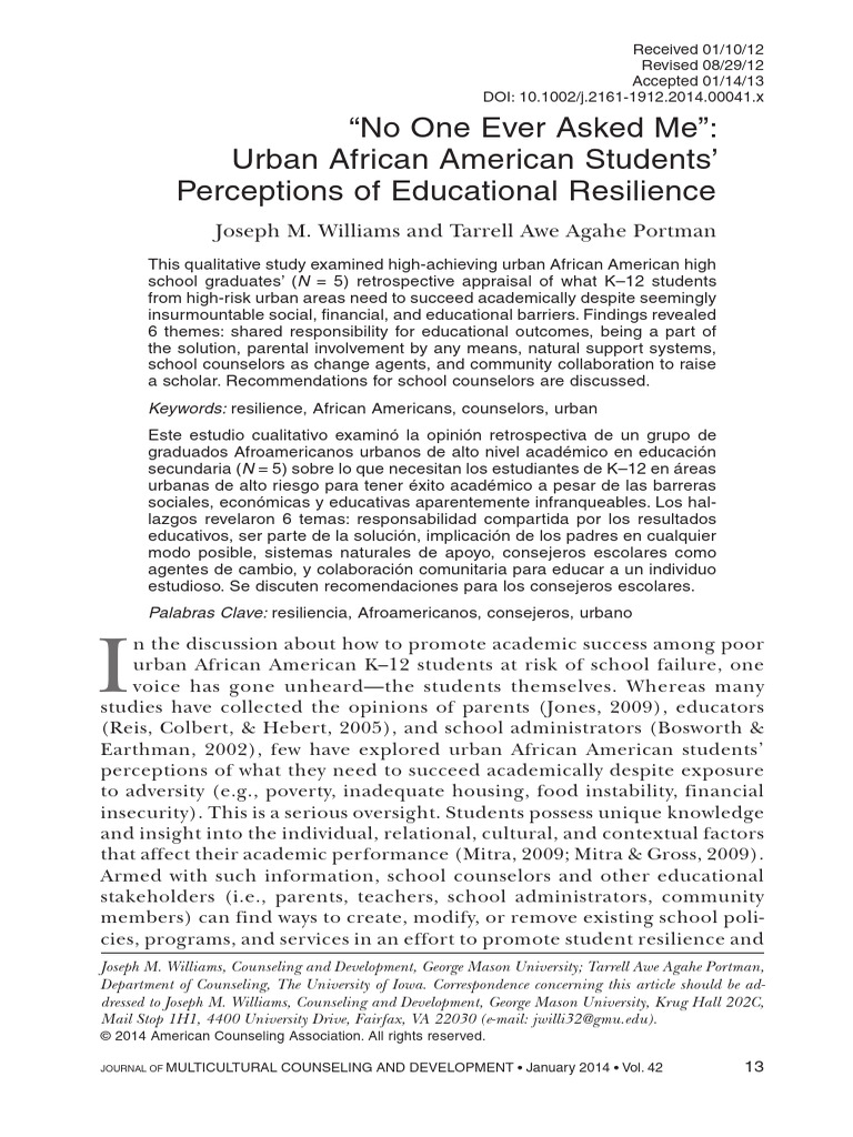 Urban African American Student Resilience | PDF | Psychological ...