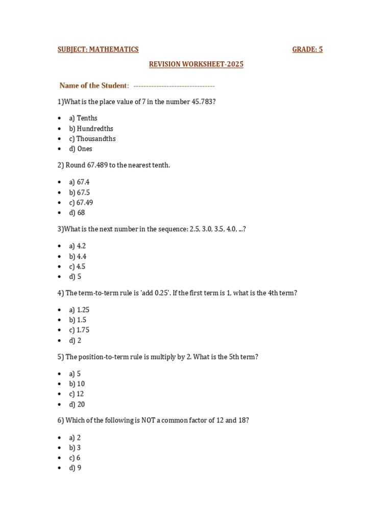 Grade 5 Math Revision Worksheet 2025 | PDF