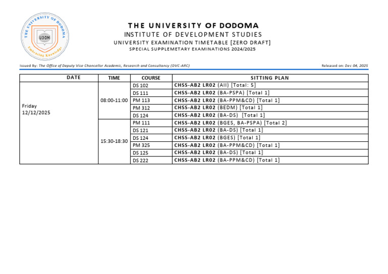 IDS Special-Supp 2024-2025 Examination Timetable | PDF