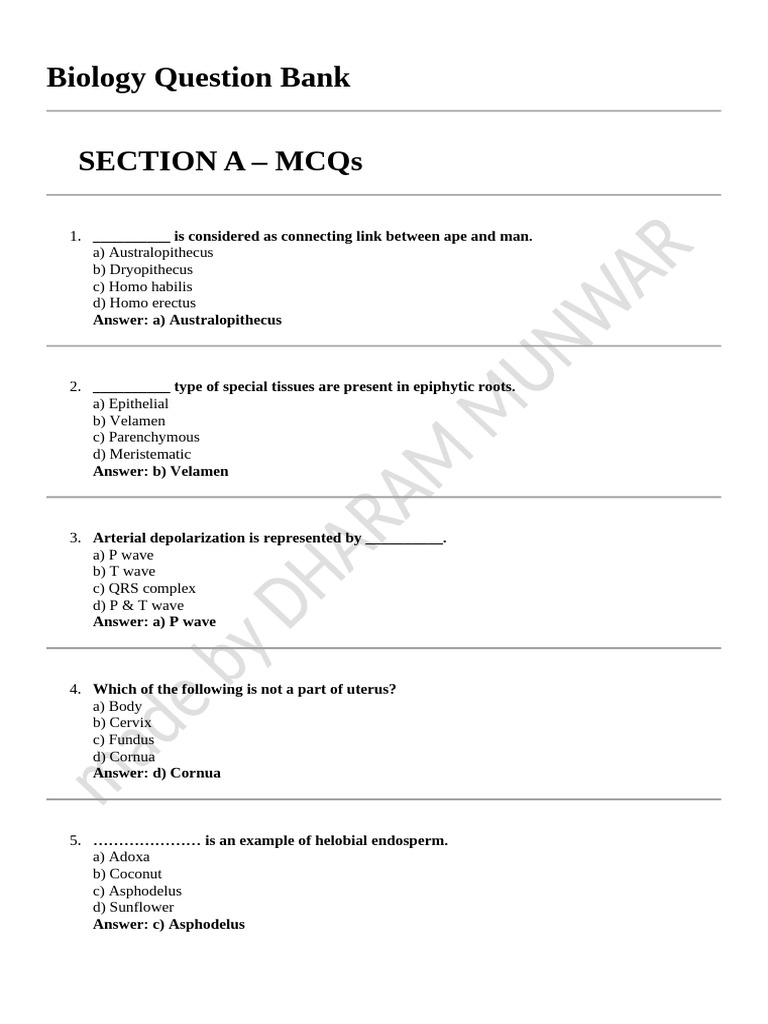 Comprehensive Biology Question Bank | PDF | Fertilisation | Menstrual Cycle