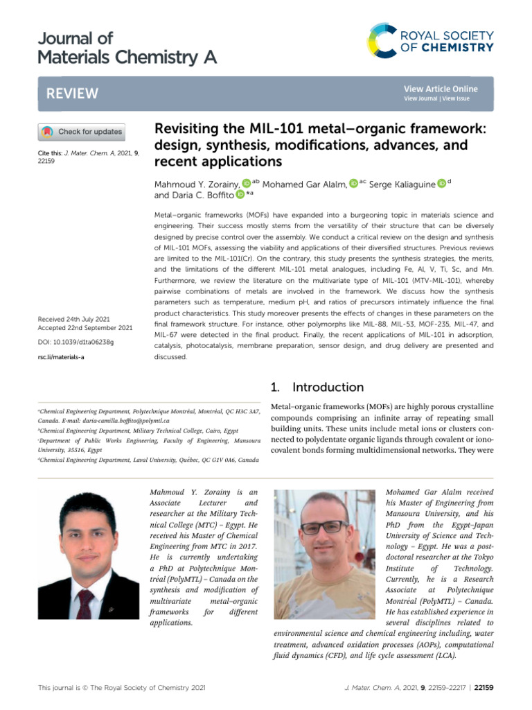 MIL-101 Metal-Organic Frameworks Review | PDF | Porosity | Materials ...