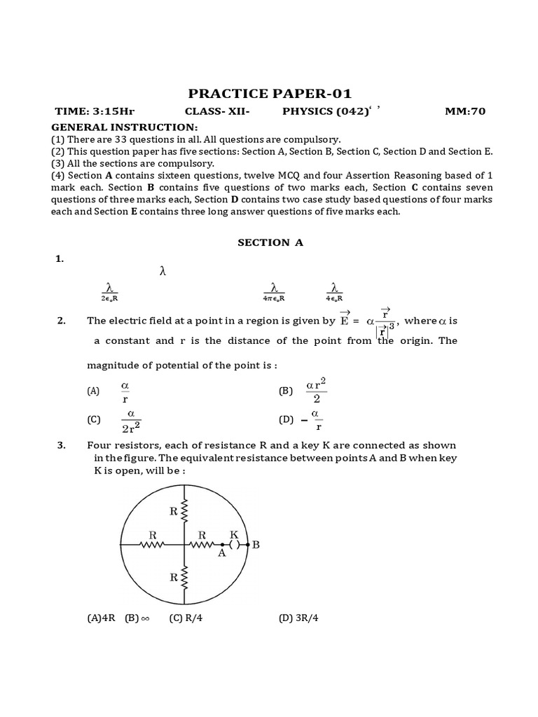Class 12 Physics Practice Paper 01 | PDF | Inductance | Atomic Nucleus