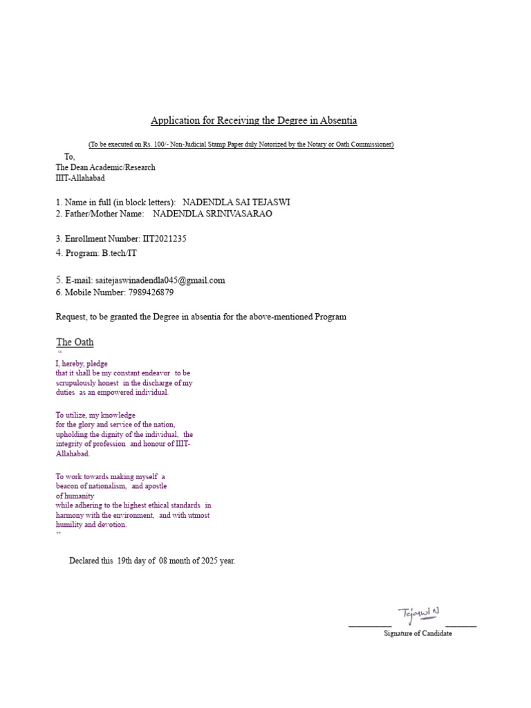 Oath Certificate For Receiving The Degree in Absentia 1 | PDF