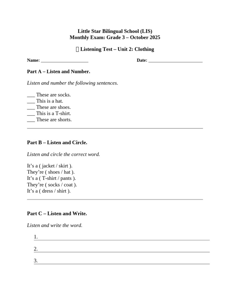 Grade 3 Listening Test: Clothing Unit | PDF