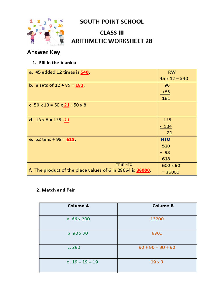 Class III Arithmetic Worksheet Answers | PDF | Arithmetic | Mathematics