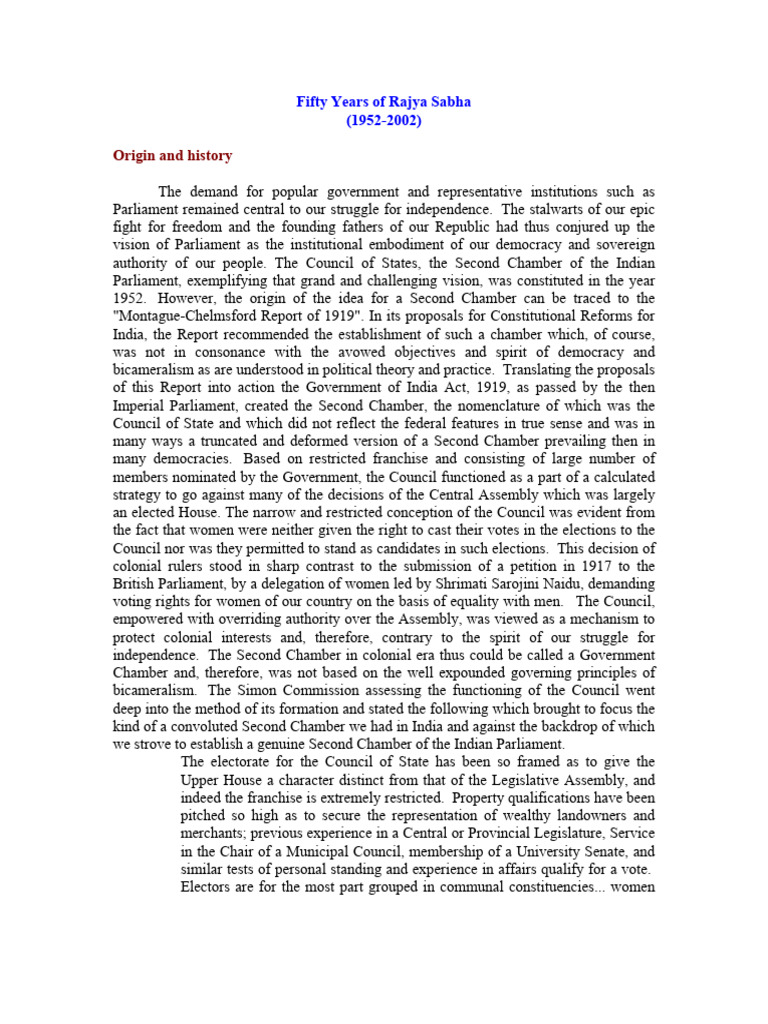The History of Fifty Years of Rajya Sabha (1952-2002) | PDF ...
