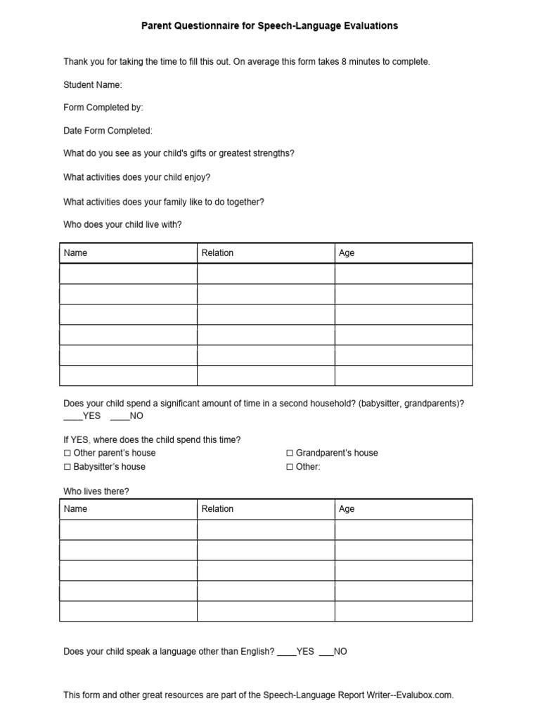 English Parent Questionnaire For Speech Language Testing | PDF ...