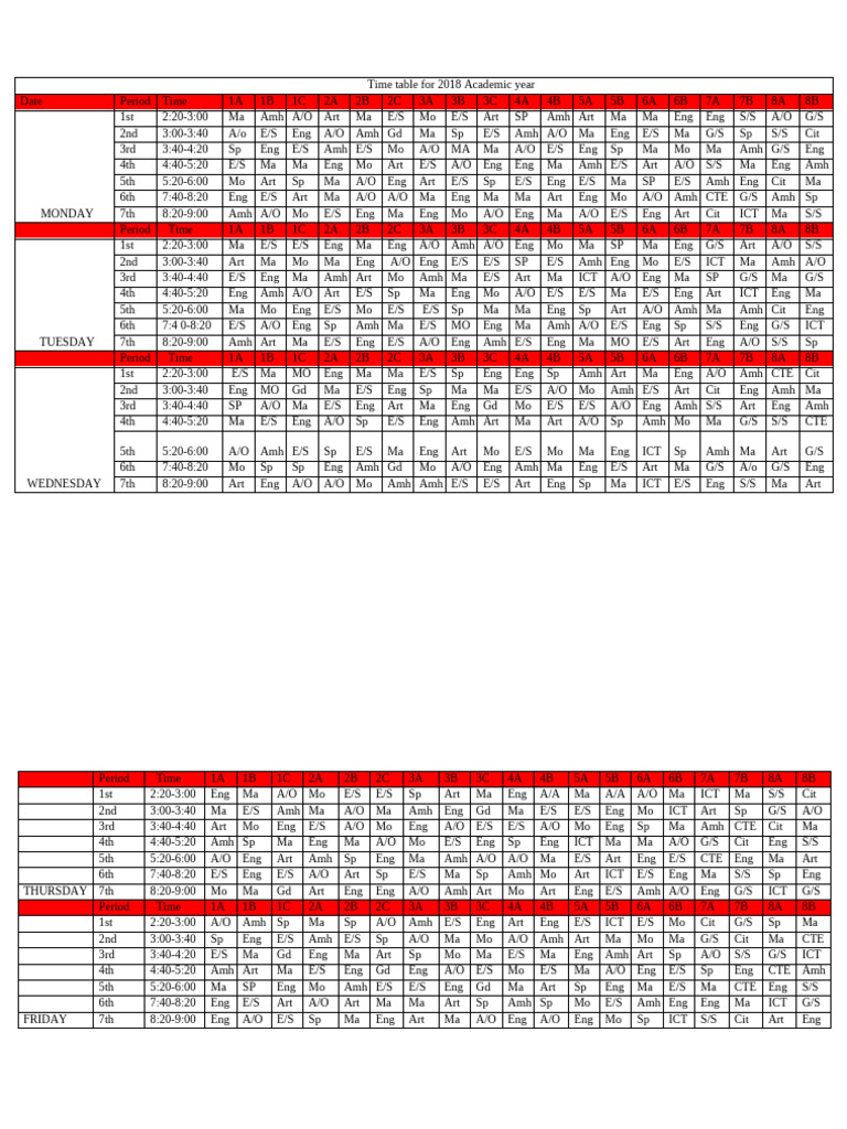 2018 Academic Year Timetable | PDF