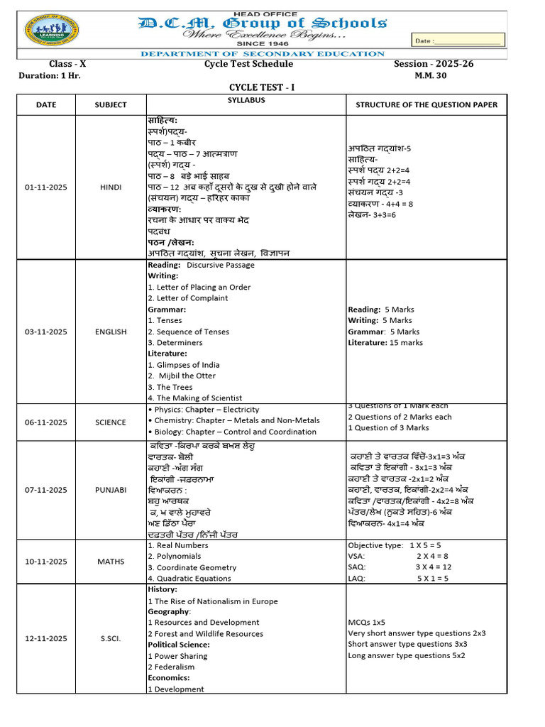 CYCLE TEST-Date Sheet & Syllabus-X | PDF
