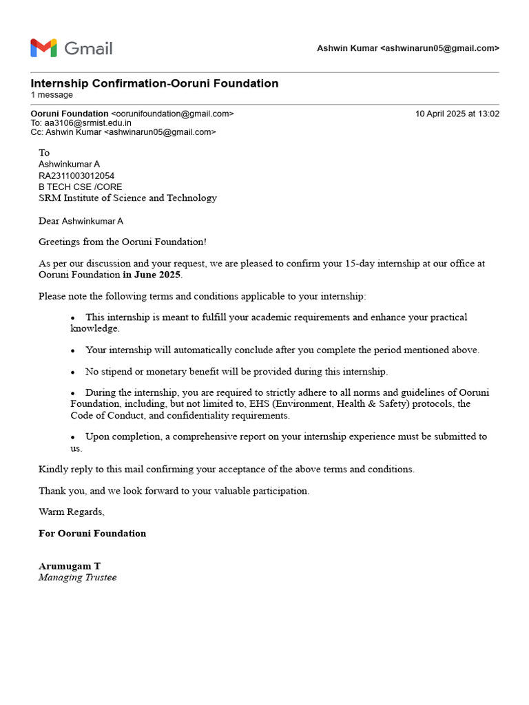 Gmail - Internship Confirmation-Ooruni Foundation | PDF