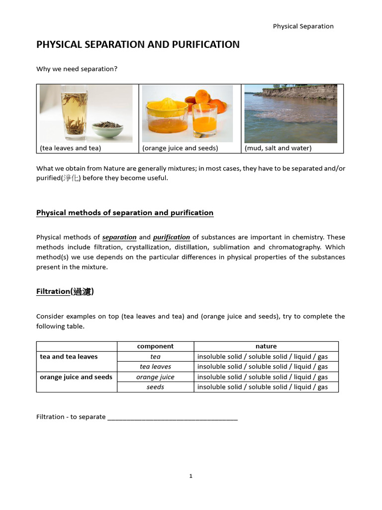Physical Separation and Purification (Student) | PDF | Filtration ...