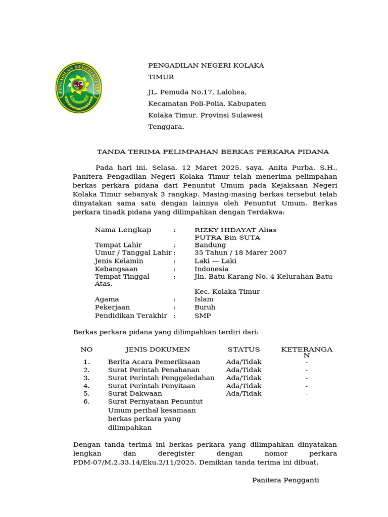 Tanda Terima Berkas Perkara Pidana Kolaka | PDF