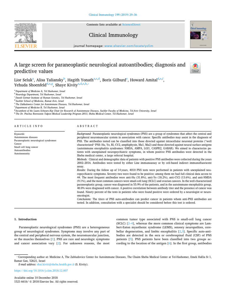 A Large Screen for Paraneoplastic Neurological Autoantibodies ...