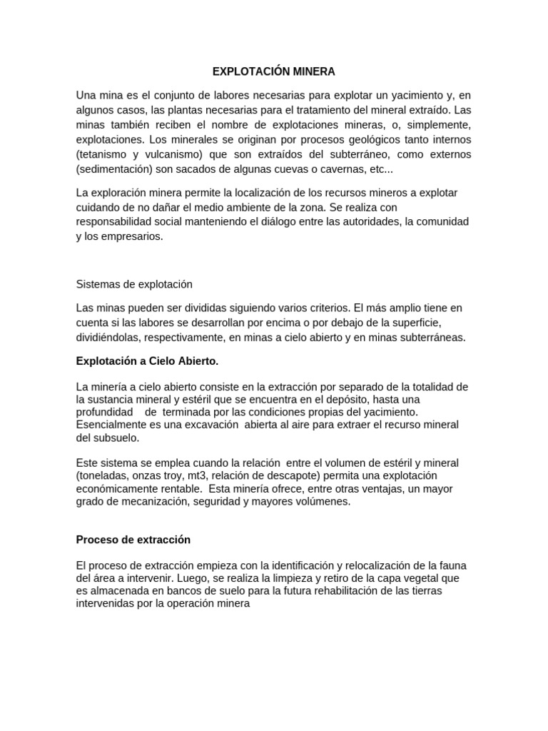 Tipos y Proceso de Explotación Minera | PDF | Minería | Minería de ...