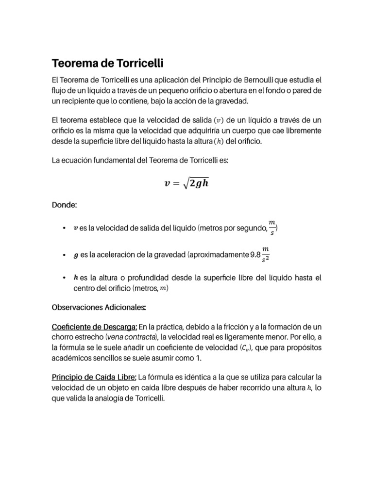 Teorema de Torricelli y flujo de líquidos | PDF