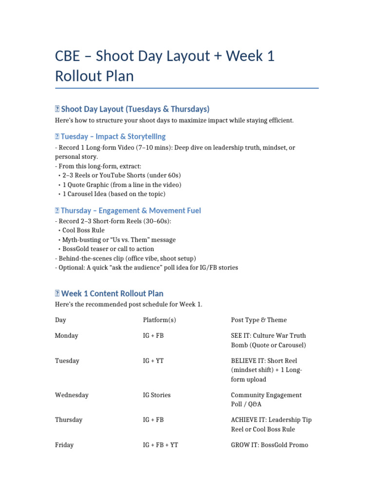 CBE Shoot Day and Week 1 Rollout | PDF