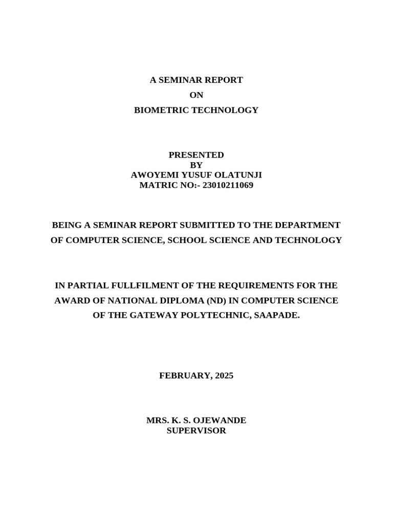 Seminar Report Biometric Technology - Yusuf | PDF | Biometrics ...