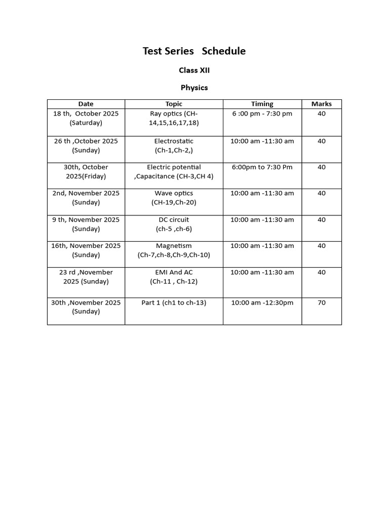 Class XII Physics Test Series Schedule | PDF
