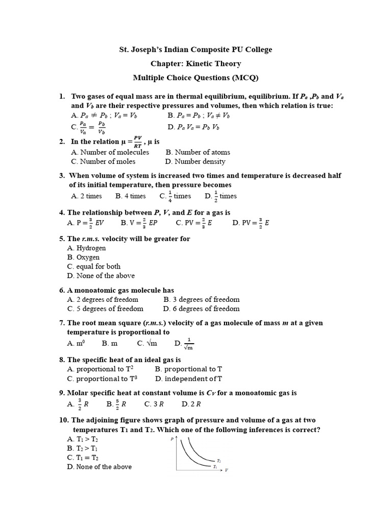 Kinetic Theory MCQs for PU College | PDF