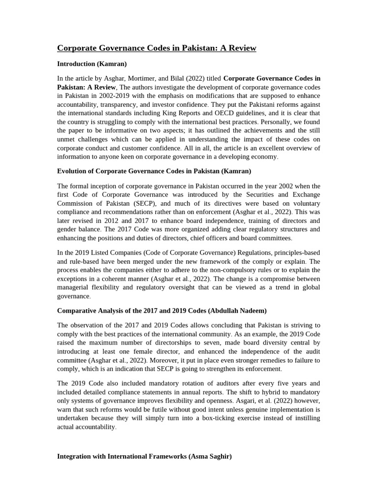 Corporate Governance Codes in Pakistan | PDF | Governance | Corporate ...