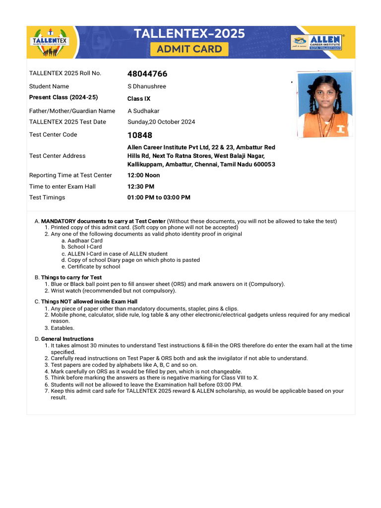 Tallentex 2025_ Admit Card | PDF