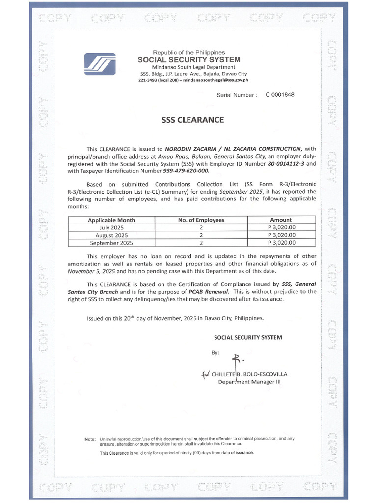 SSS Clearance - NL Zacaria | PDF
