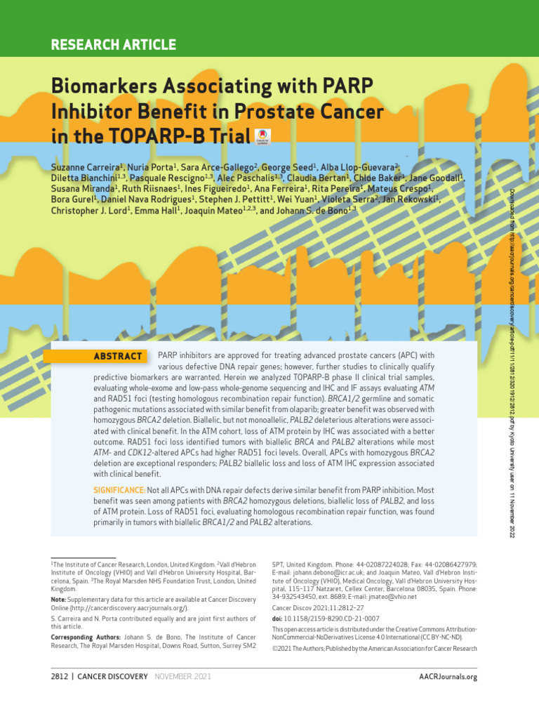 Biomarkers Associating With PARP Inhibitor Benefit in Prostate Cancer ...
