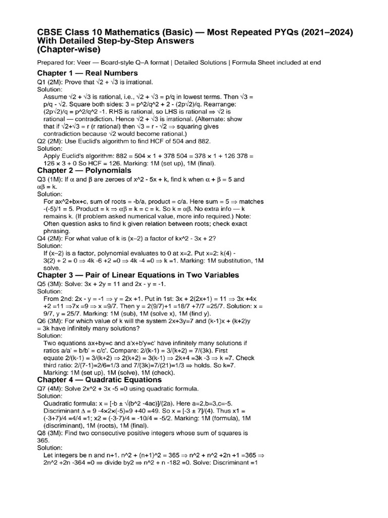 CBSE Class10 Maths Basic PYQs 2021-2024-1 | PDF