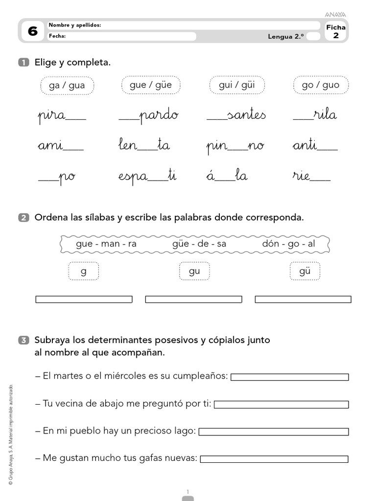 Ejercicios de Lengua para 2.º Grado | PDF